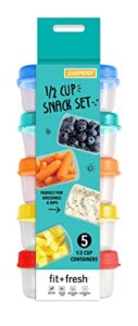 fit + fresh 1/2-cup snack set, condiment & salad dressing containers, reusable & leakproof lunch containers, perfect for insulated lunch bag, lunch box & more, 5pk, multicolor