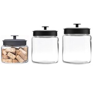 anchor hocking montana glass jars with fresh seal lids canister set, black metal, 3-piece set