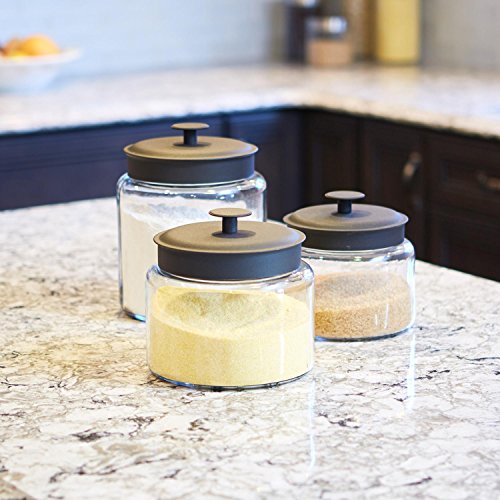 Anchor Hocking Montana Glass Jars with Fresh Seal Lids Canister Set, Black Metal, 3-Piece Set