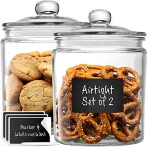 glass canister set for kitchen counter + labels & marker – set of 2 – glass cookie jars with airtight lids – food storage containers with lids airtight for pantry – flour, sugar, coffee, cookies, etc.