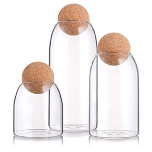 suwimut 3 pack glass jar with airtight cork lid ball, clear candy jar mason jars food storage canister with seal wood cork round stopper for serving spice sugar salt tea coffee, 500ml, 900ml, 1200ml