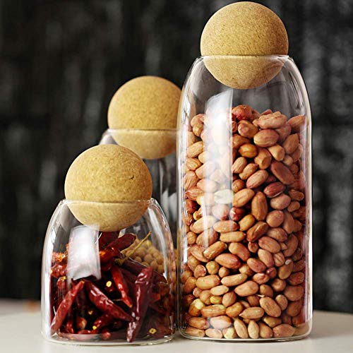 Suwimut 3 Pack Glass Jar with Airtight Cork Lid Ball, Clear Candy Jar Mason Jars Food Storage Canister with Seal Wood Cork Round Stopper for Serving Spice Sugar Salt Tea Coffee, 500ML, 900ML, 1200ML