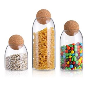 Suwimut 3 Pack Glass Jar with Airtight Cork Lid Ball, Clear Candy Jar Mason Jars Food Storage Canister with Seal Wood Cork Round Stopper for Serving Spice Sugar Salt Tea Coffee, 500ML, 900ML, 1200ML