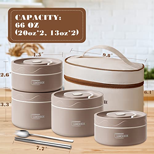 Stainless Steel Bento Box Adult Lunch Box, Portable Insulated Food Lunch Container Set with Thermal Lunch Box, 4 Separate Stackable Lunch Container for Adult Kids Men Women, 66 Oz/8.25 Cup, Brown