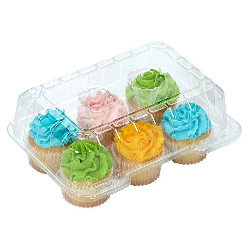 Cupcake Boxes 6 Count - MADE IN USA - Stylish Clear Plastic Cupcake Containers for Displaying & Transporting- Durable Cupcake Holders with 4" High Dome for High Toppings- Each Cup Cake Box Holds 6 Cupcakes- 12 Pack