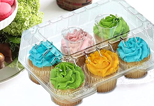 Cupcake Boxes 6 Count - MADE IN USA - Stylish Clear Plastic Cupcake Containers for Displaying & Transporting- Durable Cupcake Holders with 4" High Dome for High Toppings- Each Cup Cake Box Holds 6 Cupcakes- 12 Pack