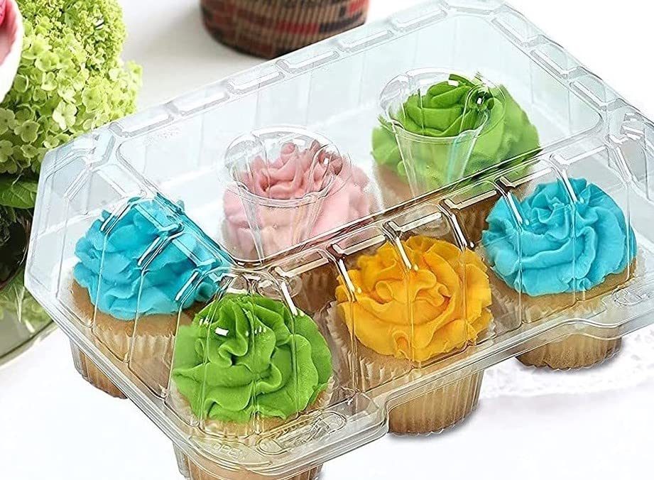 Cupcake Boxes 6 Count - MADE IN USA - Stylish Clear Plastic Cupcake Containers for Displaying & Transporting- Durable Cupcake Holders with 4" High Dome for High Toppings- Each Cup Cake Box Holds 6 Cupcakes- 12 Pack