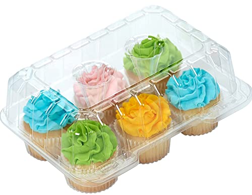 Cupcake Boxes 6 Count - MADE IN USA - Stylish Clear Plastic Cupcake Containers for Displaying & Transporting- Durable Cupcake Holders with 4" High Dome for High Toppings- Each Cup Cake Box Holds 6 Cupcakes- 12 Pack