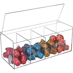 coffee pod holder, organizer for k cup, storage for coffee station counter, compatible with nespresso capsule& keurig pods, coffee bar accessories, acrylic 4 compartment with lid – clear