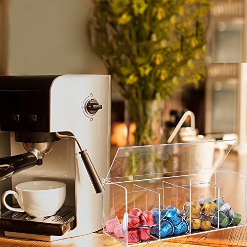 Coffee Pod Holder, Organizer for K Cup, Storage for Coffee Station Counter, Compatible with Nespresso Capsule& Keurig Pods, Coffee Bar Accessories, Acrylic 4 Compartment with Lid - Clear