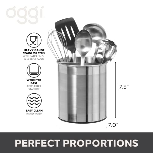 Oggi Jumbo Stainless Steel Rotating Utensil Holder with Removable Divider - Stylish kitchen cooking utensil organizer. Height 7.5".