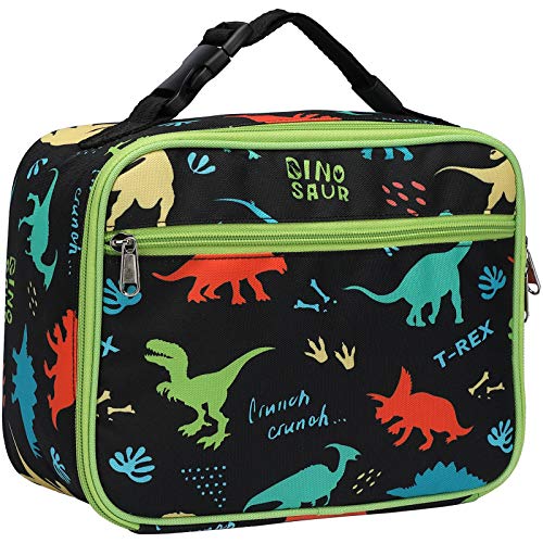 Bagseri Lunch Box, Kids Insulated Lunch Box for Boys, Portable Reusable Toddler Lunch Cooler Bag Thermal Organizer, Water-resistant Lining (Black, Dinosaur)