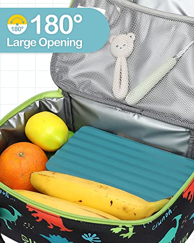 Bagseri Lunch Box, Kids Insulated Lunch Box for Boys, Portable Reusable Toddler Lunch Cooler Bag Thermal Organizer, Water-resistant Lining (Black, Dinosaur)