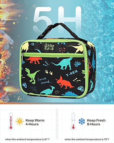 Bagseri Lunch Box, Kids Insulated Lunch Box for Boys, Portable Reusable Toddler Lunch Cooler Bag Thermal Organizer, Water-resistant Lining (Black, Dinosaur)