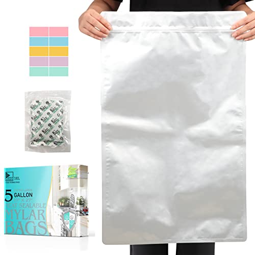 5 Gallon Mylar Bags with 2500CC Oxygen Absorbers and Labels, Zipper Resealable Pouches Heat Sealable Bags for Long Term Food Storage (10 pcs)