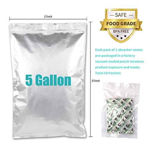 5 Gallon Mylar Bags with 2500CC Oxygen Absorbers and Labels, Zipper Resealable Pouches Heat Sealable Bags for Long Term Food Storage (10 pcs)