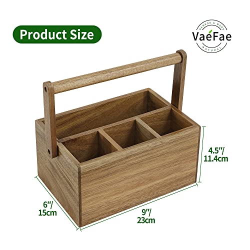 VaeFae Acacia Silverware Caddy with Handle, Wooden Utensil Holder, Mulip-pose Organizer for Kitchen, Office, Bathroom, Bedroom