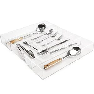 niubee expandable kitchen drawer organizer for flatware and utensils,clear acrylic adjustable silverware tray for drawer,office,bathroom supplies-9 compartments