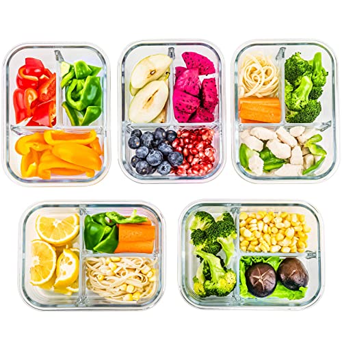 CREST 5 Pack Glass Meal Prep Containers 3 Compartment Set, 34oz Food Storage Containers with Lids Airtight