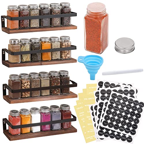 AOZITA 4 Pack Spice Rack with Jars, 25 Glass Spice Jars, Hanging Spice Rack for Cabinet, Space Saving Rustic Wood Floating Shelves - Spice Labels Chalk Marker and Silicone Collapsible Funnel Included