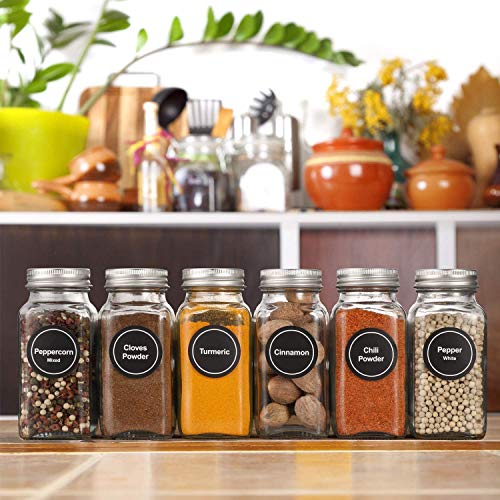 AOZITA 4 Pack Spice Rack with Jars, 25 Glass Spice Jars, Hanging Spice Rack for Cabinet, Space Saving Rustic Wood Floating Shelves - Spice Labels Chalk Marker and Silicone Collapsible Funnel Included