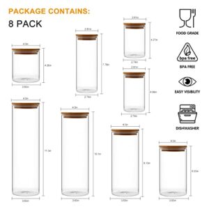 Salzesfalls Glass Canisters Set of 8 Glass Kitchen Canisters with Airtight Bamboo Lid, Glass Storage Jars for Coffee Beans, Flour, Snack, Pasta