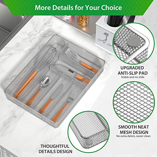 Pipishell Mesh Drawer Organizer Tray for Cutlery Silverware Flatware, 6 Compartments Kitchen Utensils Holder with Anti-slip Mats, Drawer Dividers for Knives Fork Spoon Office Supplies, Large