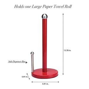 Kitchen Details Countertop Single Tear Paper Towel Holder, Free Standing, Weighted Bottom, Holds Large Rolls, Dispenser Bar Prevents Unraveling, Red