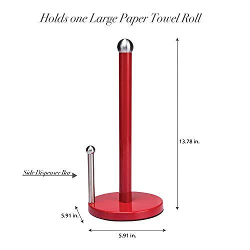 Kitchen Details Countertop Single Tear Paper Towel Holder, Free Standing, Weighted Bottom, Holds Large Rolls, Dispenser Bar Prevents Unraveling, Red