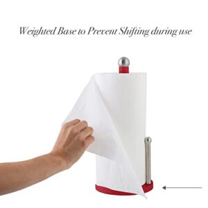 Kitchen Details Countertop Single Tear Paper Towel Holder, Free Standing, Weighted Bottom, Holds Large Rolls, Dispenser Bar Prevents Unraveling, Red