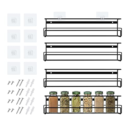 meluke Wall Mounted Spice Rack Organizer for Cabinet Door, Set of 4 Condiment Seasoning Organizer Wall Spice Rack Hanging Shelf for Spice Jars, Spice Jar Holder for Kitchen Cabinet Pantry Door (Black)