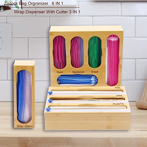 9 IN 1 Bamboo Foil and Plastic Wrap Organizer for kitchen drawer, Ziplock bag organizer and Plastic Wrap Dispenser with Cutter, zip lock bag Storage organizer for Gallon,Quart,Sandwich,Snack