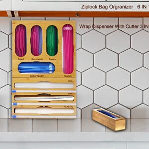 9 IN 1 Bamboo Foil and Plastic Wrap Organizer for kitchen drawer, Ziplock bag organizer and Plastic Wrap Dispenser with Cutter, zip lock bag Storage organizer for Gallon,Quart,Sandwich,Snack