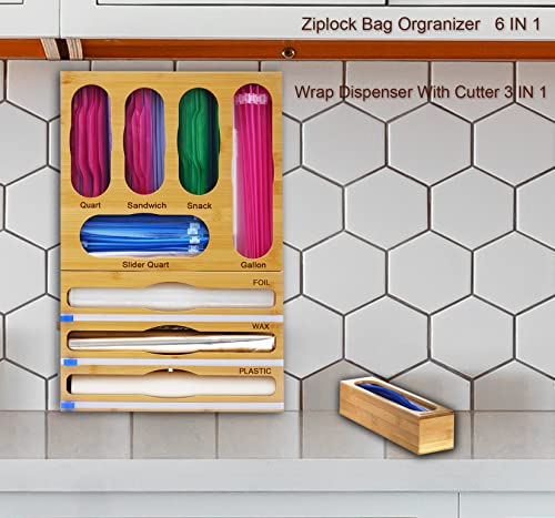 9 IN 1 Bamboo Foil and Plastic Wrap Organizer for kitchen drawer, Ziplock bag organizer and Plastic Wrap Dispenser with Cutter, zip lock bag Storage organizer for Gallon,Quart,Sandwich,Snack