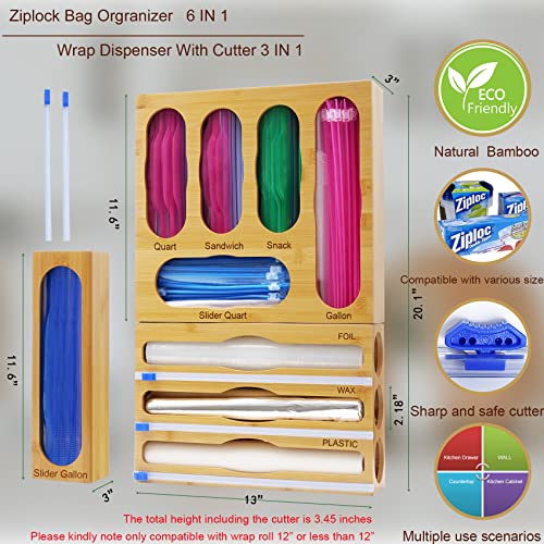 9 IN 1 Bamboo Foil and Plastic Wrap Organizer for kitchen drawer, Ziplock bag organizer and Plastic Wrap Dispenser with Cutter, zip lock bag Storage organizer for Gallon,Quart,Sandwich,Snack