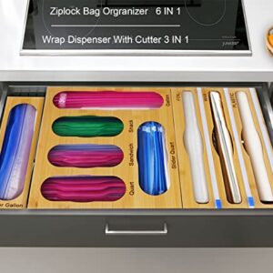 9 IN 1 Bamboo Foil and Plastic Wrap Organizer for kitchen drawer, Ziplock bag organizer and Plastic Wrap Dispenser with Cutter, zip lock bag Storage organizer for Gallon,Quart,Sandwich,Snack