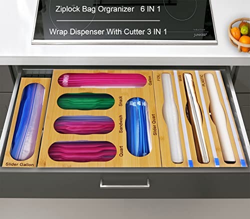 9 IN 1 Bamboo Foil and Plastic Wrap Organizer for kitchen drawer, Ziplock bag organizer and Plastic Wrap Dispenser with Cutter, zip lock bag Storage organizer for Gallon,Quart,Sandwich,Snack