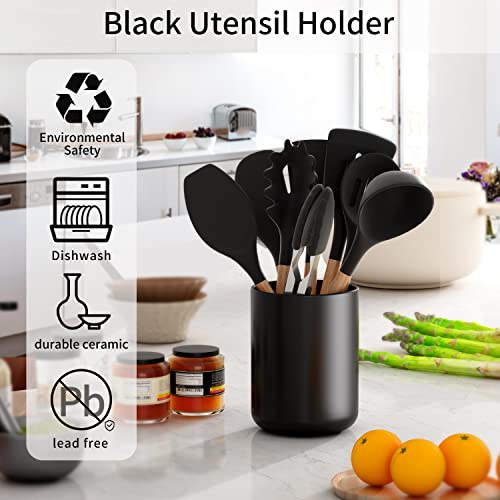 LATCHHOOK Black Ceramic Utensil Holder for Kitchen Counter, Countertop Matte Kitchen Utensil Holder Easy to Clean, Small Cooking Utensils Holder Organizer Crock for Farmhouse Décor 4.5×6.3 INCH