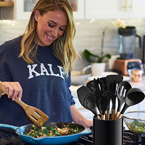 LATCHHOOK Black Ceramic Utensil Holder for Kitchen Counter, Countertop Matte Kitchen Utensil Holder Easy to Clean, Small Cooking Utensils Holder Organizer Crock for Farmhouse Décor 4.5×6.3 INCH