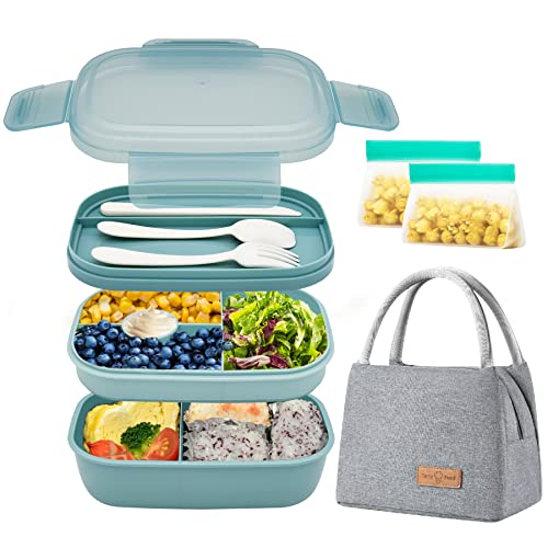 JBGOYON Bento Lunch Box for Kids and Adult, All-in-One Stackable Lunch Container Includes 2 Stackable Container, Built-in Plastic Cutlery Set, Tote Lunch Bag and Snack Packing, BPA Free (Green)