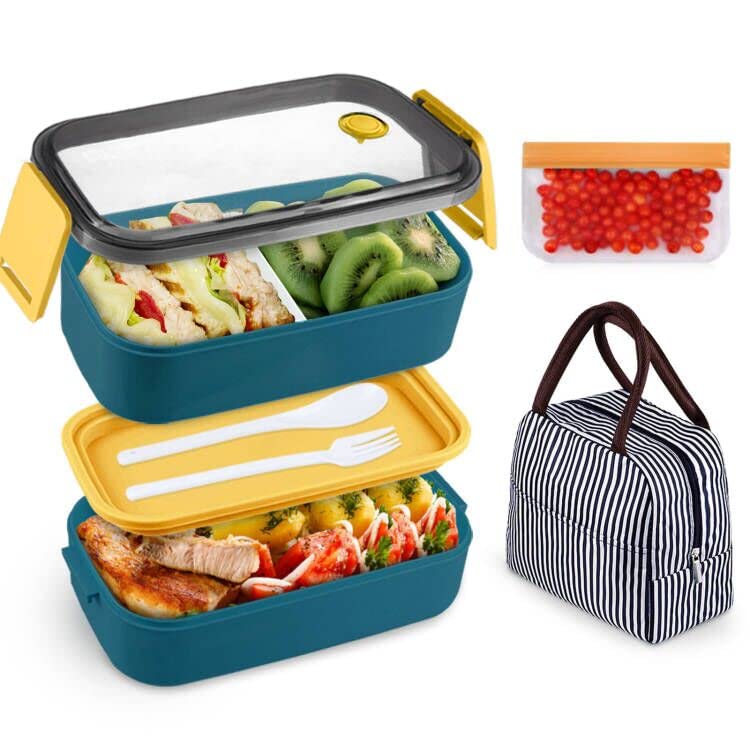 NatraProw Bento Box Adult Lunch Box, Leakproof 2 Layer Adult Bento Box with Detachable Divider, Lunch Bag, BPA Free Bento Lunch Box for Adults with Utensils, Microwave Safe Meal Prep Container