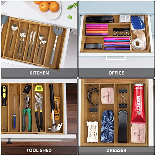 TAOUNOA Bamboo Drawer Organizer - Expandable Utensil Organizer Adjustable Silverware Organizer for Kitchen Drawers, Cutlery Organizer with Removable Knife Block