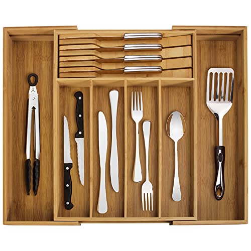 TAOUNOA Bamboo Drawer Organizer - Expandable Utensil Organizer Adjustable Silverware Organizer for Kitchen Drawers, Cutlery Organizer with Removable Knife Block