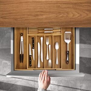 TAOUNOA Bamboo Drawer Organizer - Expandable Utensil Organizer Adjustable Silverware Organizer for Kitchen Drawers, Cutlery Organizer with Removable Knife Block