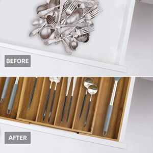 TAOUNOA Bamboo Drawer Organizer - Expandable Utensil Organizer Adjustable Silverware Organizer for Kitchen Drawers, Cutlery Organizer with Removable Knife Block