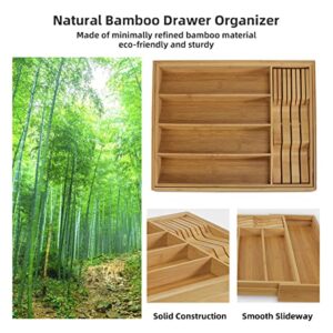 TAOUNOA Bamboo Drawer Organizer - Expandable Utensil Organizer Adjustable Silverware Organizer for Kitchen Drawers, Cutlery Organizer with Removable Knife Block