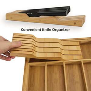 TAOUNOA Bamboo Drawer Organizer - Expandable Utensil Organizer Adjustable Silverware Organizer for Kitchen Drawers, Cutlery Organizer with Removable Knife Block