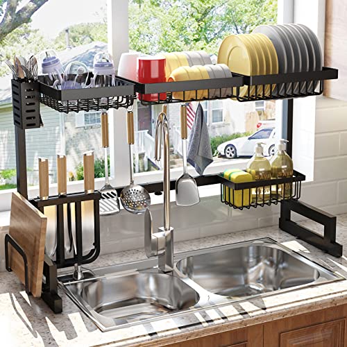 SAYZH Over The Sink Dish Drying Rack, 2 Tier Width Adjustable (33"~41") Dish Rack with Utensil Holder Kitchen Drainer Countertop Organizer Black