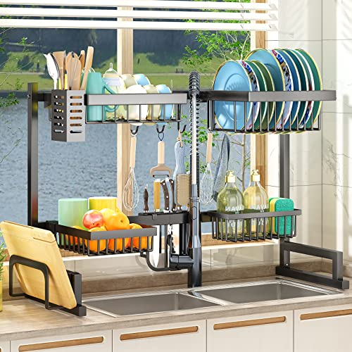 SAYZH Over The Sink Dish Drying Rack, 2 Tier Width Adjustable (33"~41") Dish Rack with Utensil Holder Kitchen Drainer Countertop Organizer Black