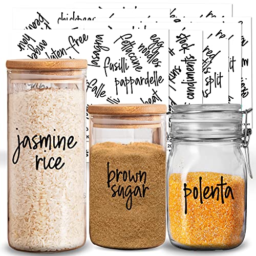 214 Extra Large Kitchen Pantry Labels for Food Storage Containers, Water Resistant - Easy to Read - Preprinted Black Script on Clear Stickers for Jar & Canisters - Kitchen Labels for Organizing